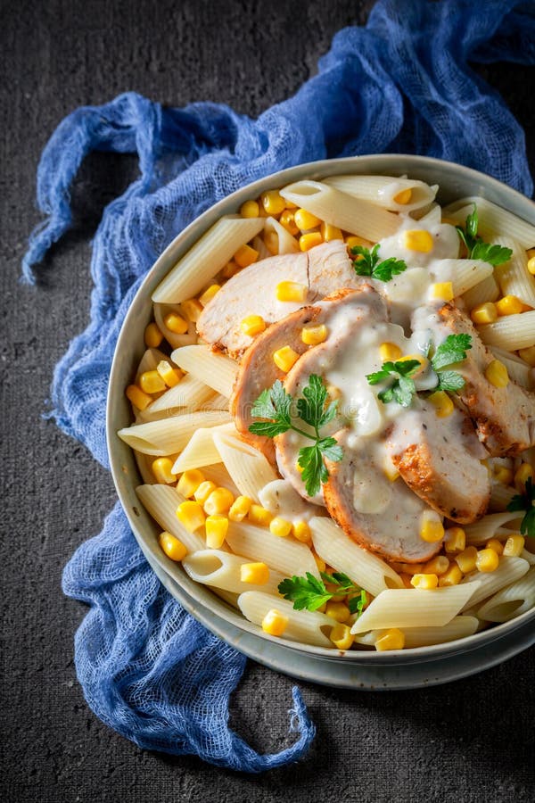 Penne with Chicken, Corn and Bechamel Sauce Stock Image - Image of ...