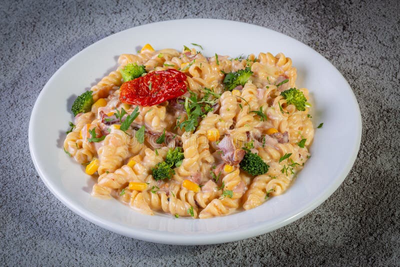 Penne Pasta with Bechamel Sauce and Vegetables Stock Photo - Image of ...