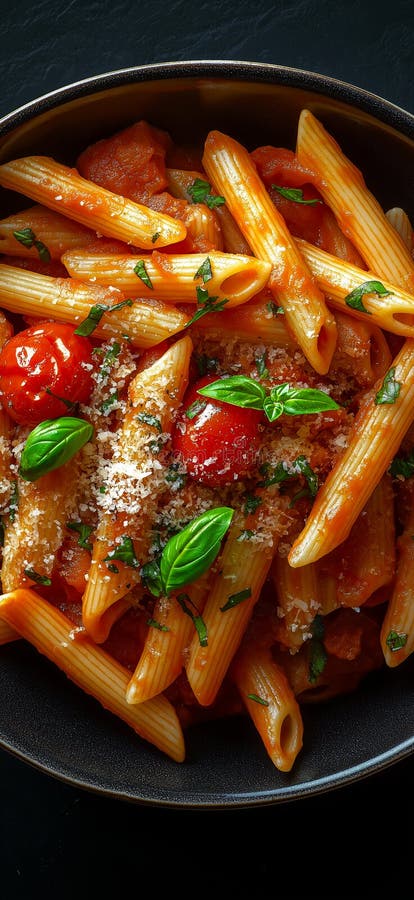 Penne with Tomato Sauce, Parmesan and Fresh Basil Leaves. Penne Stock ...