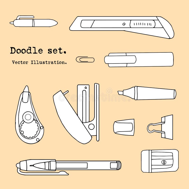 Isolated Set of Hand Drawn Stationery. Sketch Writing Items Stock ...