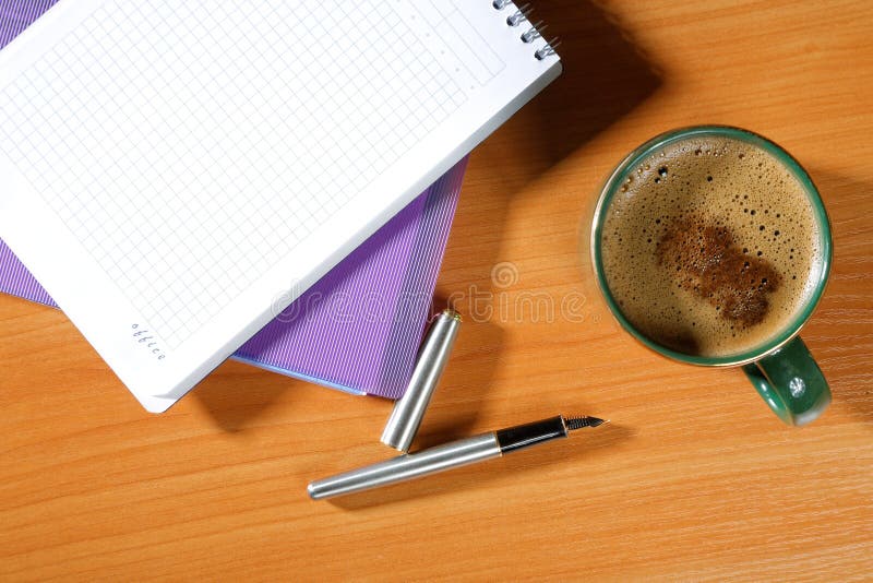 Pens with a cup of coffee stock photo. Image of morning - 63542150