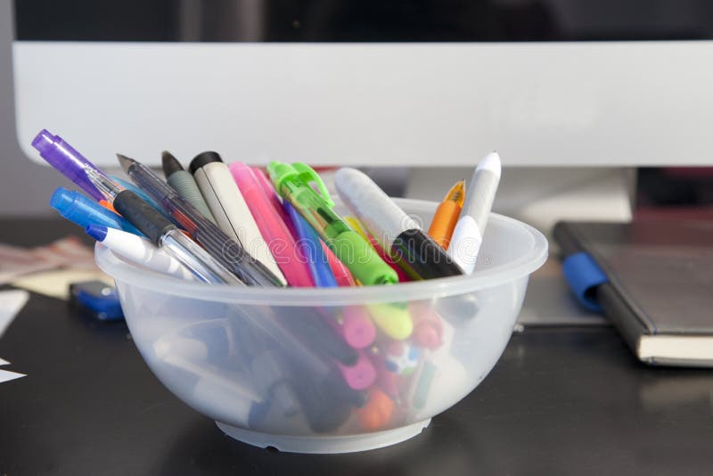Basket of Office Writing Utensils Stock Image - Image of items, color ...