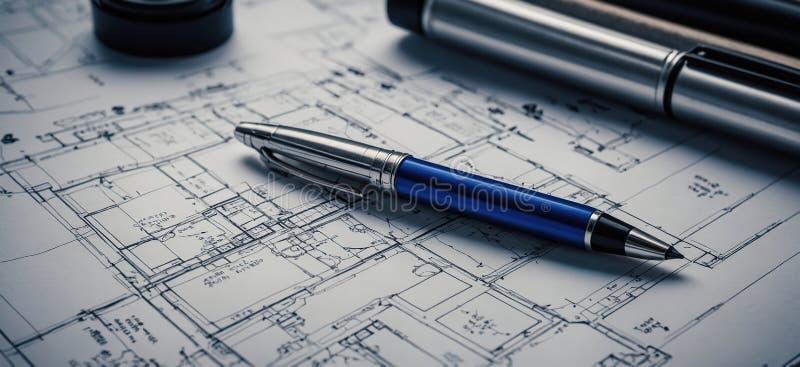 Pens over blueprints stock photo. Image of silver, blueprints - 316286076