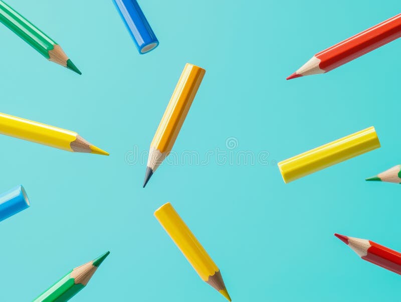 Pens and Pencils Falling from Above on Simple Solid Color Background ...