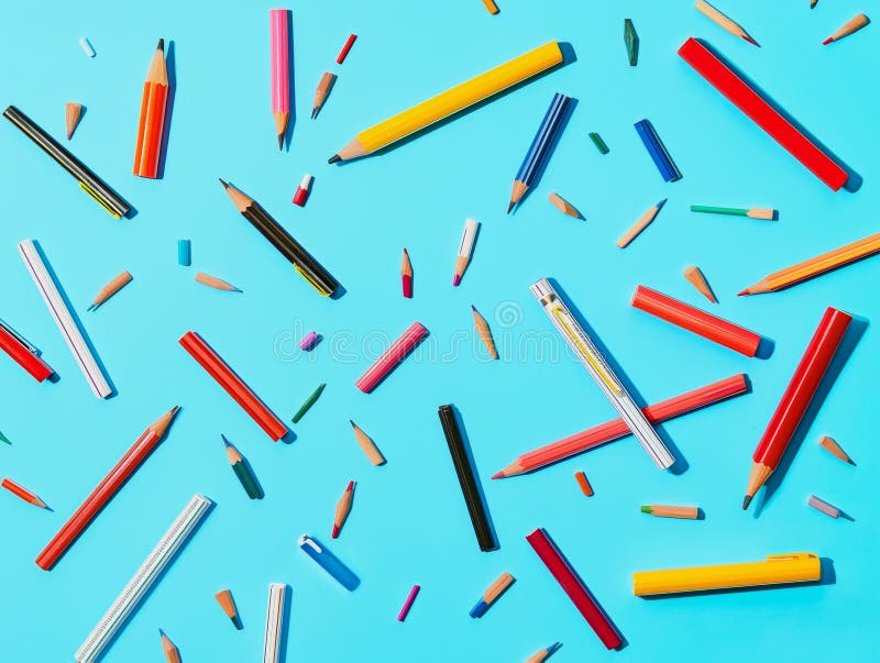 Pens and Pencils Falling from Above on Simple Solid Color Background ...