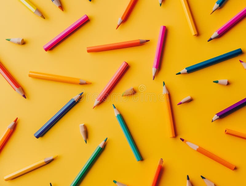 Pens and Pencils Falling from Above on Simple Solid Color Background ...