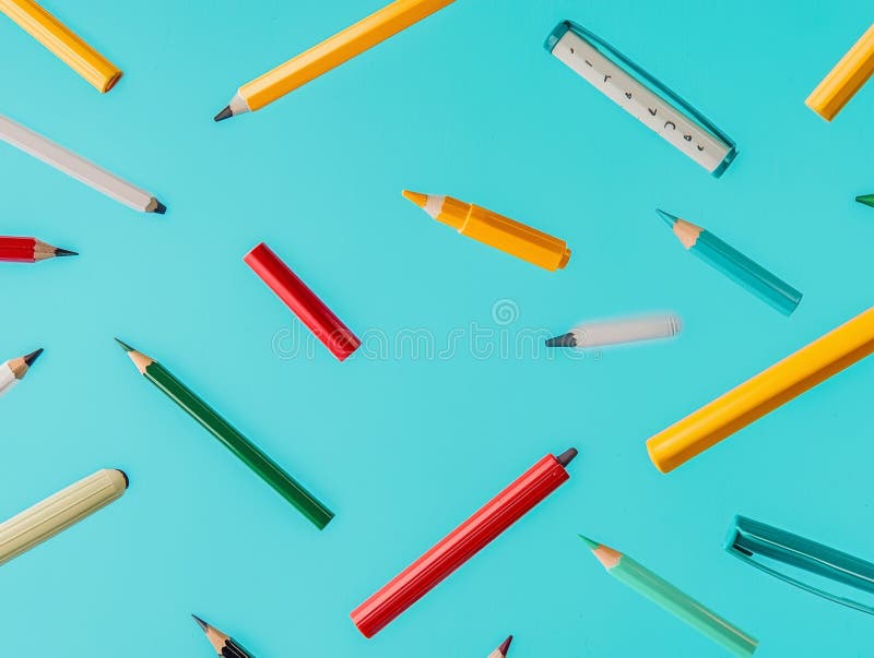 Pens and Pencils Falling from Above on Simple Solid Color Background ...