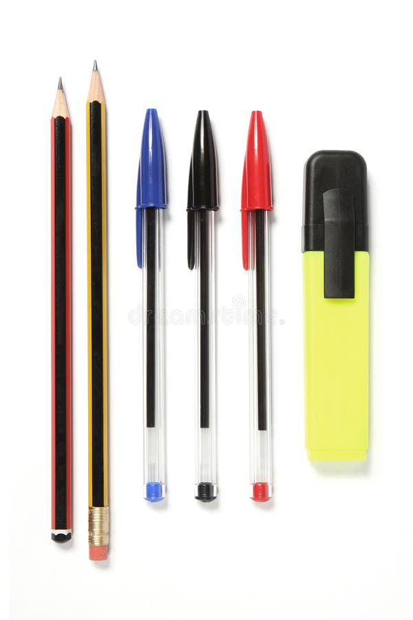 Pens, Pencils and a Highlighter Stock Photo - Image of black, office ...