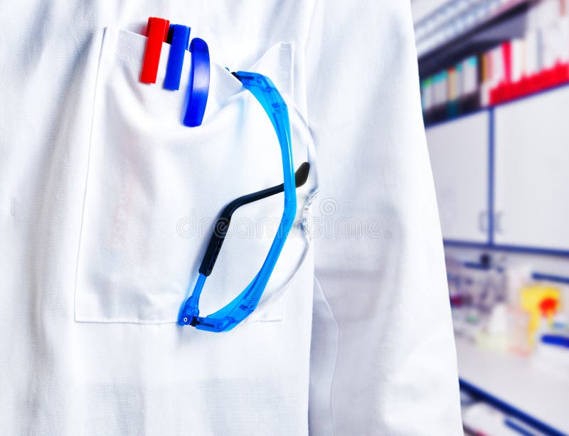 Pens and Spectacles in Lab Coat Pocket Stock Photo - Image of ...