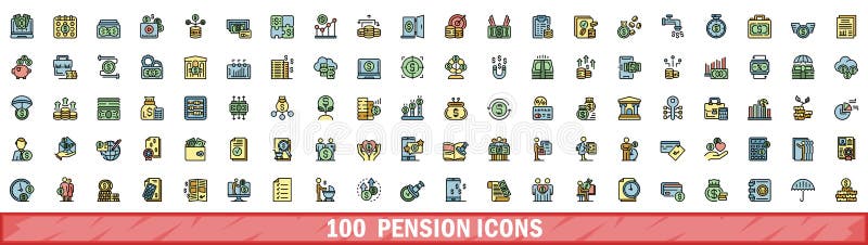 100 Pension Icons Set, Color Line Style Stock Vector - Illustration of ...