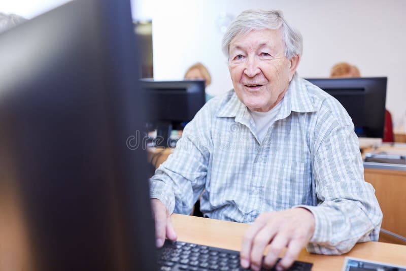 Pensioner Sits on the PC in the Computer Course Stock Image - Image of ...