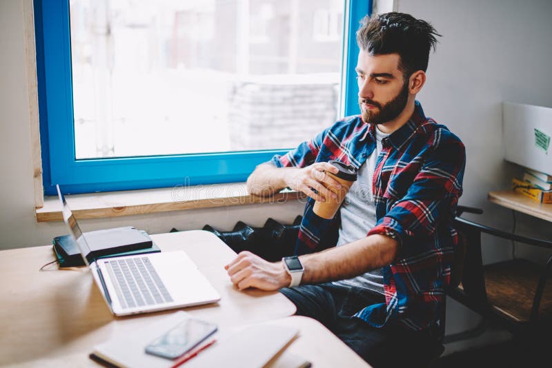Portrait of Cheerful Male Software Developer Working with Netbook Stock ...