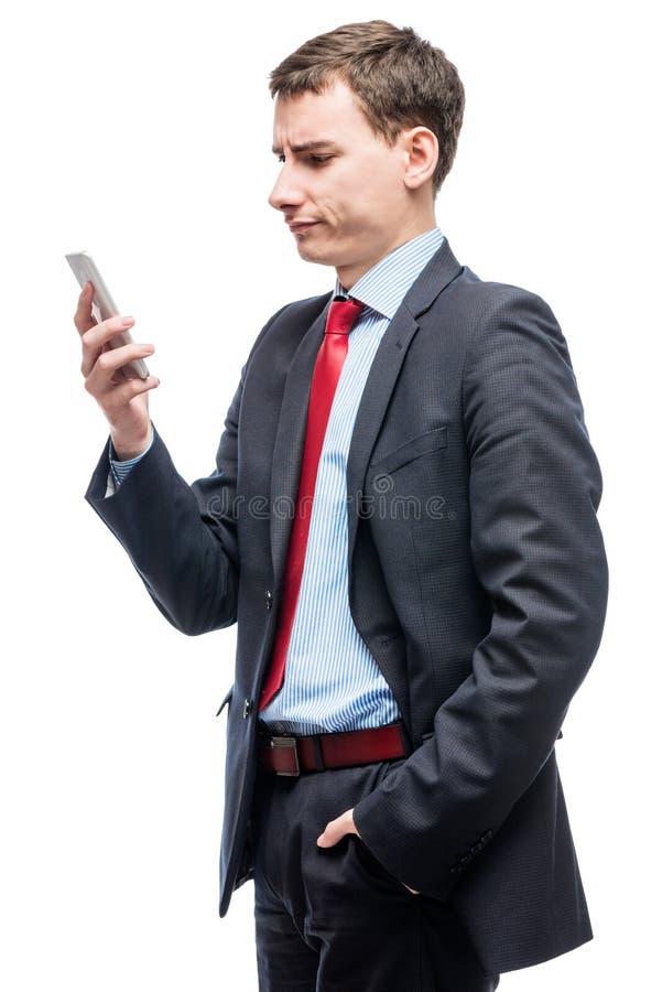 Pensive Boss with Phone in Hand on White Stock Photo - Image of ...