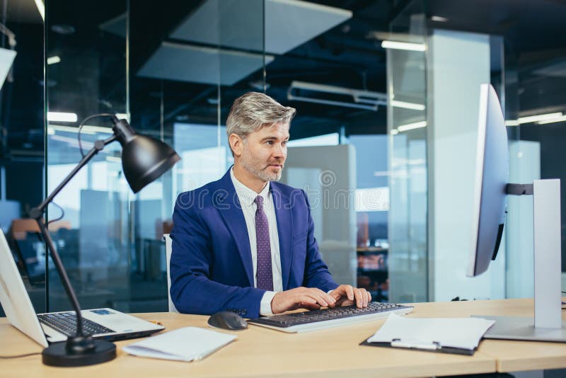 Boss Working at Computer in Modern Office, Successful Male Businessman ...