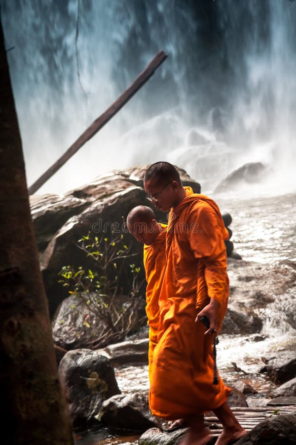 Pensive Buddhist Monks Walking Around Waterfall Editorial Stock Image ...