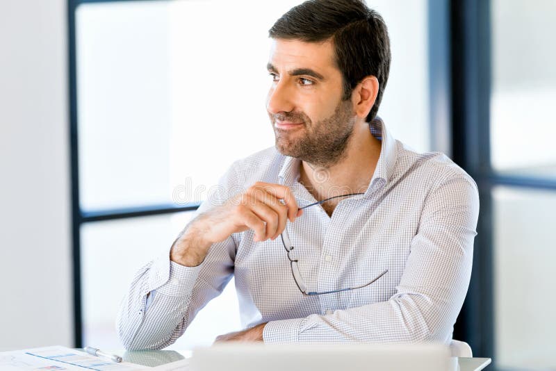 Pensive Businessman at Office Stock Image - Image of portrait, desk ...