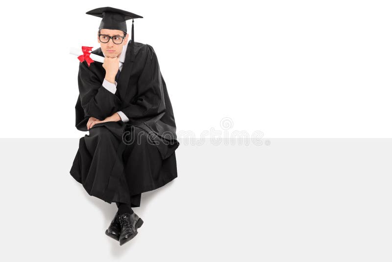 Worried College Graduate Sitting on Bench and Holding a Diploma Stock ...
