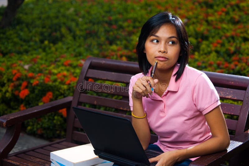 Pensive Cute College Student Bench Laptop Stock Photo - Image of beauty ...