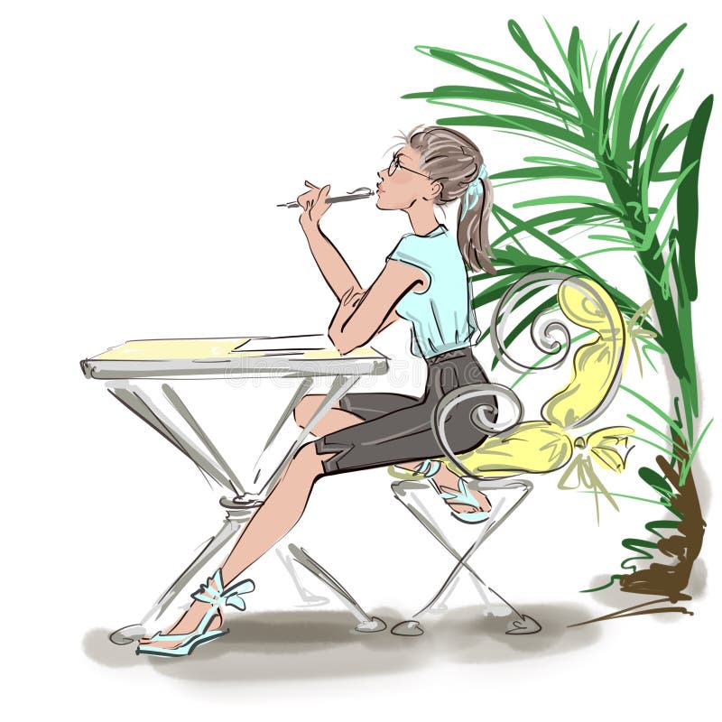 Pensive Dreaming Girl Taking Notes at a Pretty Table by the Palm Tree ...
