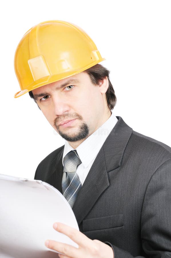 Pensive engineer stock photo. Image of helmet, document - 8295420