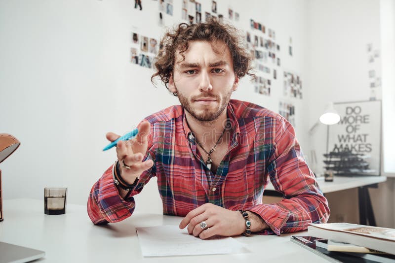 Pensive Guy Points His Fingers To Camera Looking at Camera in Office ...