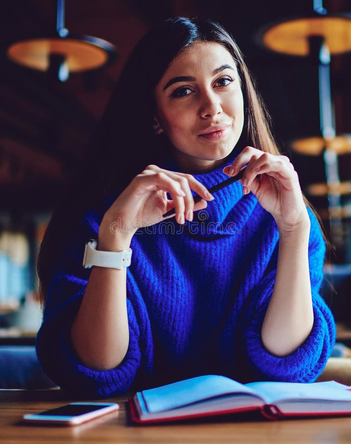 Pensive Hipster Girl Looking Away Sitting at Cafeteria during Writing ...