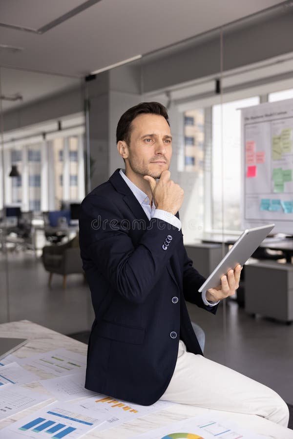 Pensive Latin Business Executive Man Thinking on Internet Marketing ...