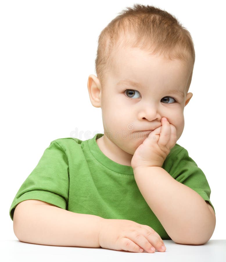 Pensive Little Boy Sitting Thinking Stock Image - Image of cute ...