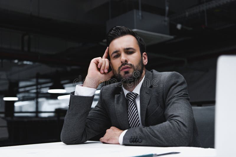 Pensive Male Architect in Suit Working Stock Image - Image of suit ...