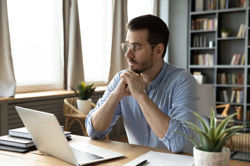 Pensive Male Look in Distance Think of Work Problem Solution Stock ...