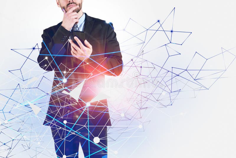 Pensive Man with Phone and Network Interface Stock Illustration ...