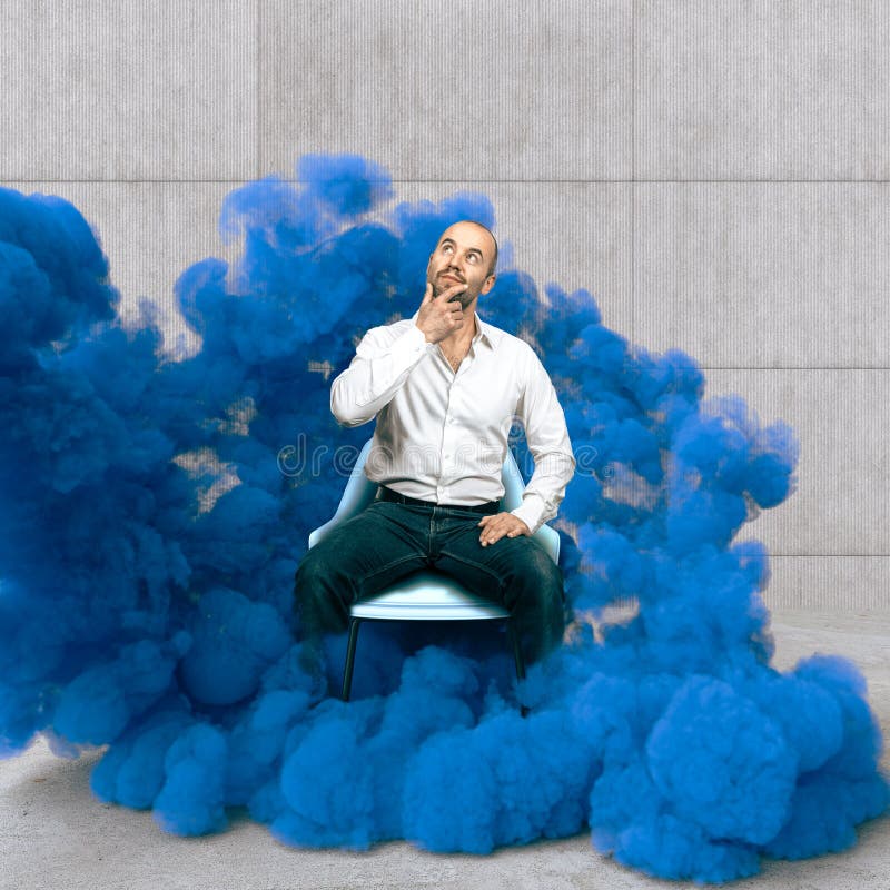 Pensive Man Sitting Wrapped in Blue Smoke Stock Image - Image of ...