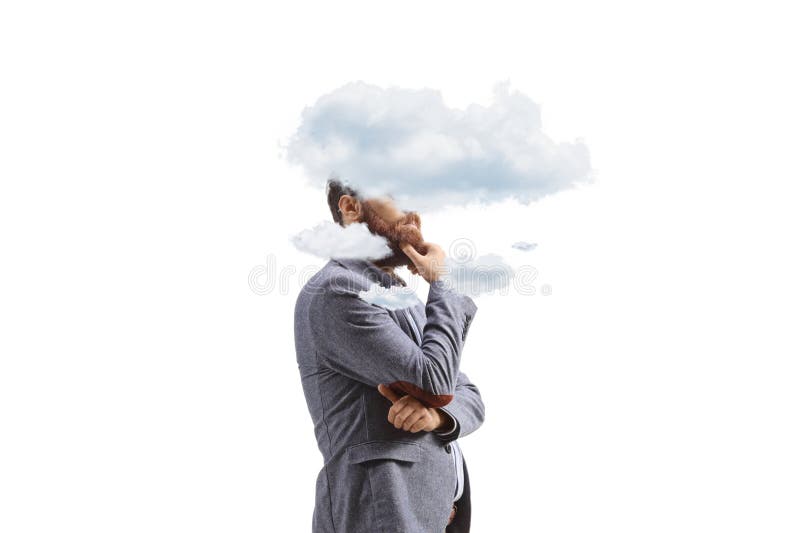 Pensive Man Thinking with Clouds Around His Head Stock Image - Image of ...