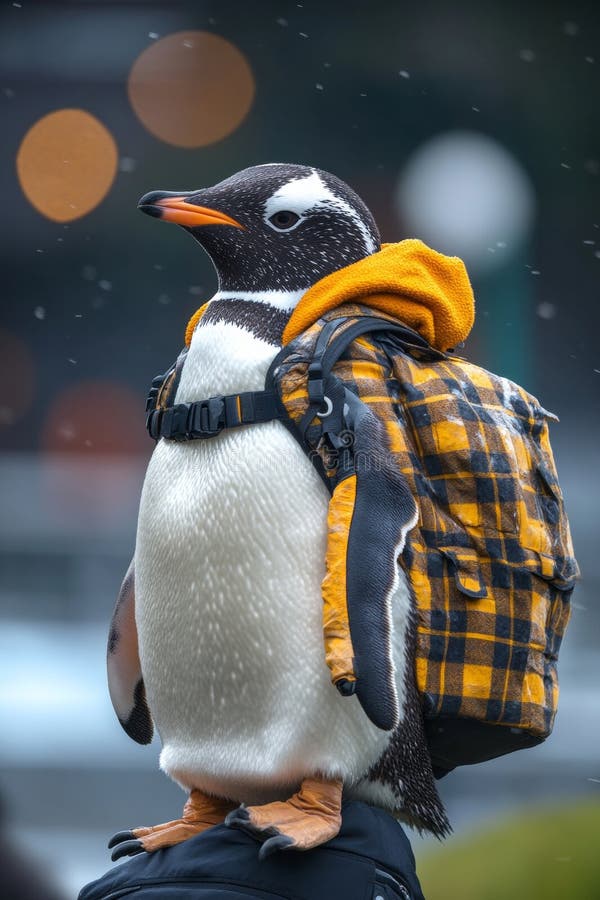 Pensive Penguin with Backpack Blending Human and Animal World Against a ...