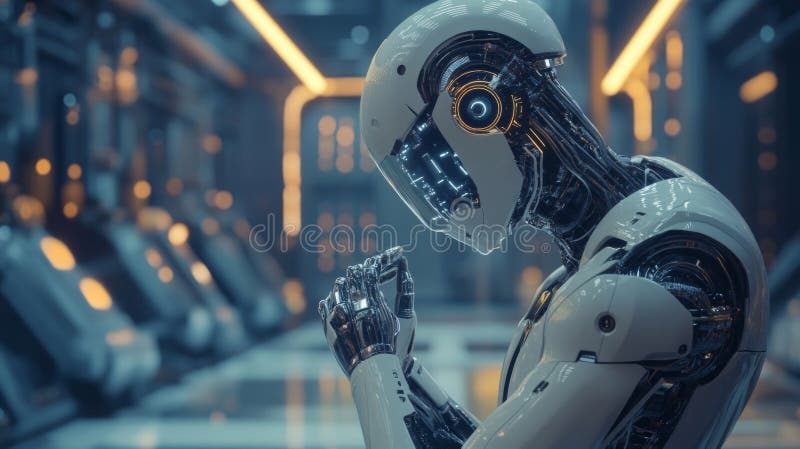 Pensive Robot in Futuristic Industrial Setting Stock Illustration ...