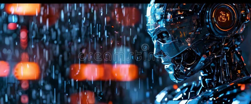 Pensive Robot in the Rain Reflecting on Technology and Solitude Stock ...