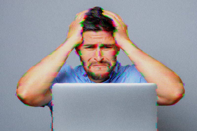 Pensive Sad Man Sitting at the Table with Laptop Stock Image - Image of ...