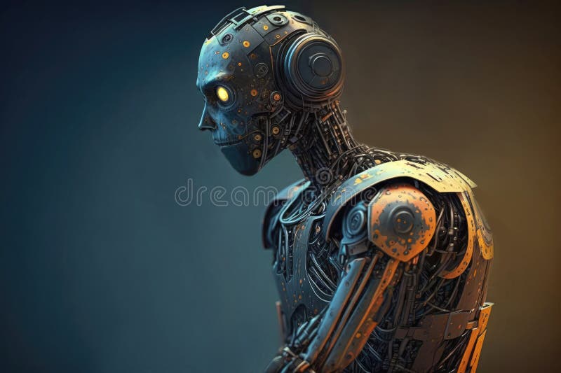 A Pensive, Sad Robot on a Blurry Dark Background. Stock Illustration ...