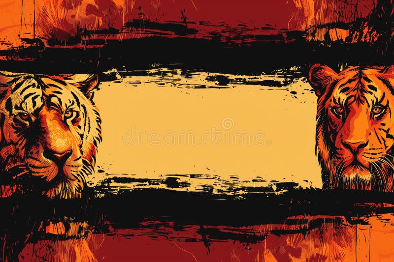 Pensive Sad Tigers on Disturbing Orange Background with Space for Text ...
