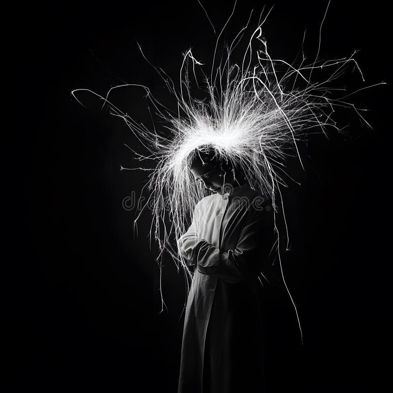 Pensive Scientist with Electric Sparks Hairstyle Stock Illustration ...