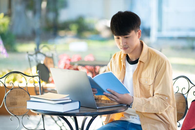Pensive Student with Laptop Outdoors on University Grounds Stock Image ...