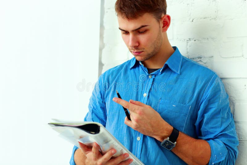 Pensive Student Reading His Notebook Stock Image - Image of adult ...