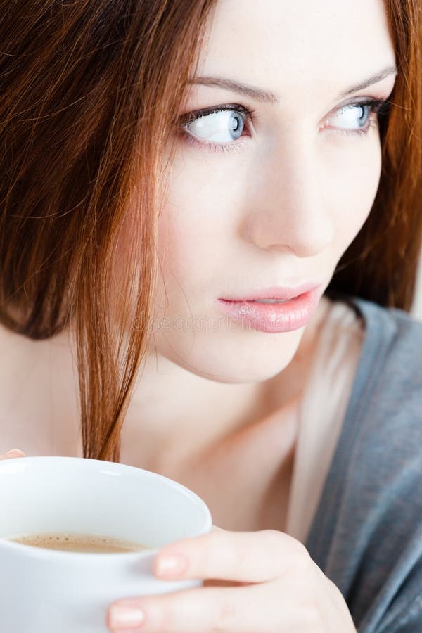 Pensive Woman with Cup of Tea Stock Image - Image of bistro, eating ...