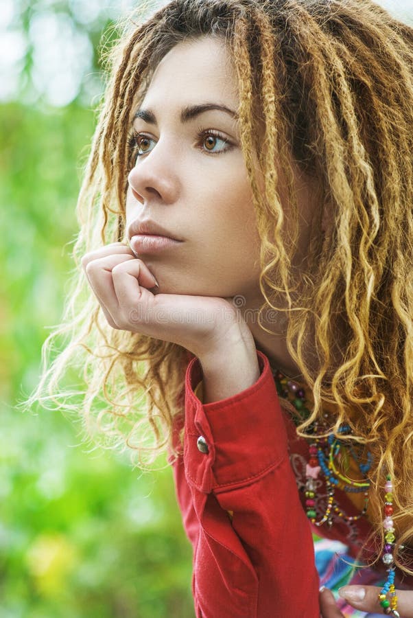 Pensive Woman with Dreadlocks Closeup Stock Image - Image of anxious ...