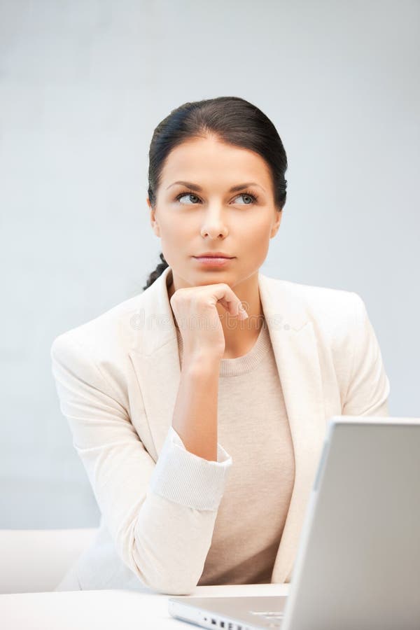 Pensive Woman with Laptop Computer Stock Image - Image of boss ...