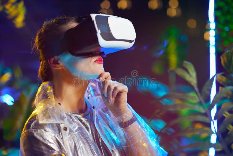 Pensive Woman in Metaverse in Vr Goggles Stock Image - Image of person ...