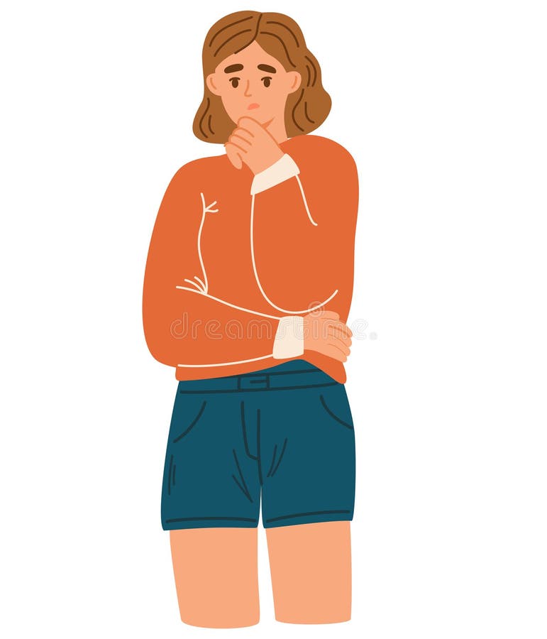 Pensive Woman Thinking About Problems Puzzled Girl Pondering Doubting Stock Vector