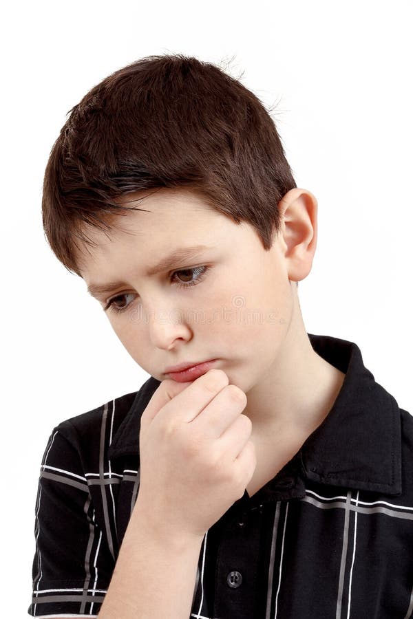 Pensive Young Boy Isolated on White Background Stock Image - Image of ...