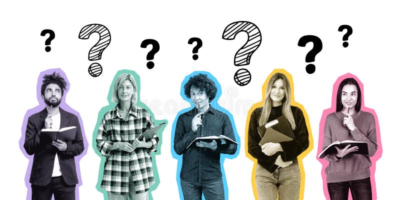 Pensive Young People Students with Doodle Question Marks, Brainstorm ...