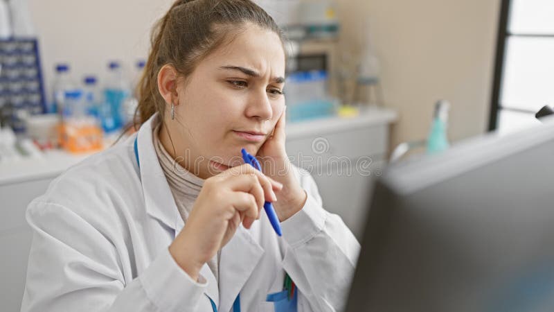 Pensive Young Woman Scientist in a Laboratory Looking at a Computer ...
